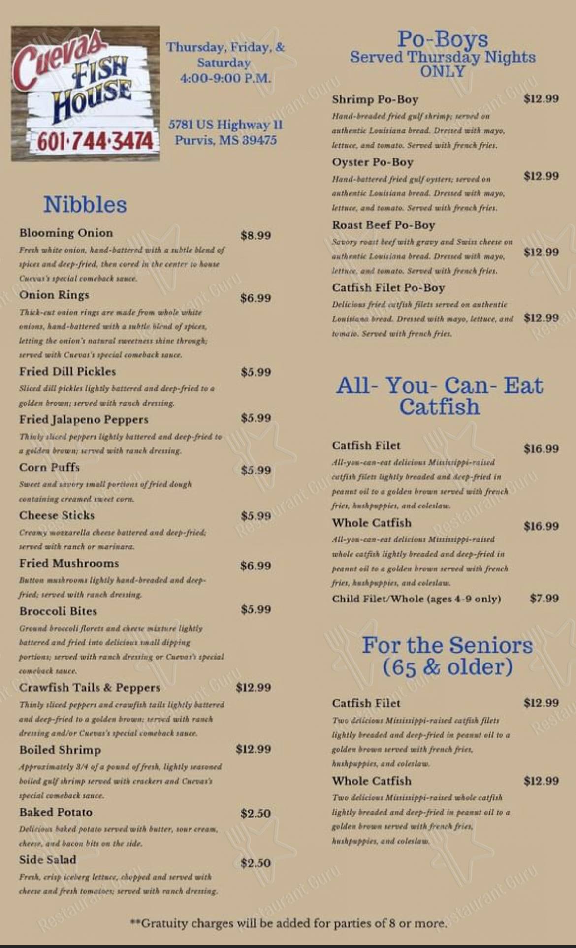Menu at Cuevas Fish House restaurant, Purvis