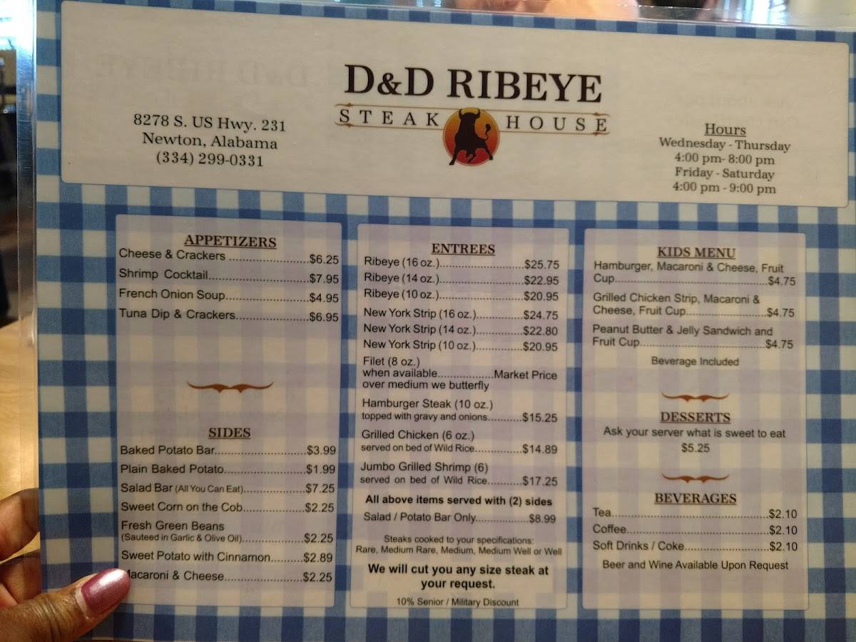 Menu at D&D Ribeye Steak House steakhouse, Newton, US-231