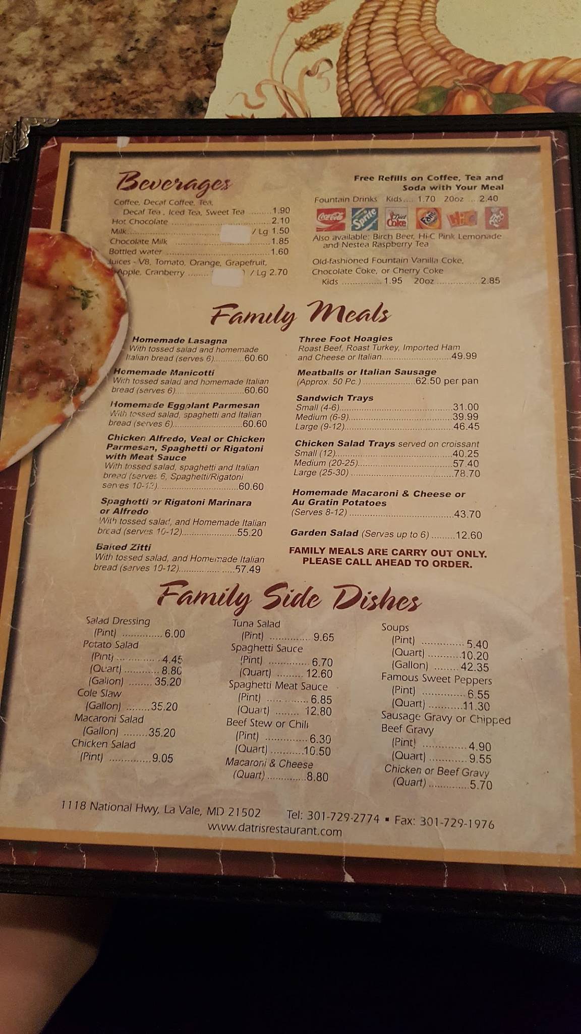 Menu at D'Atri's Restaurant, Cumberland
