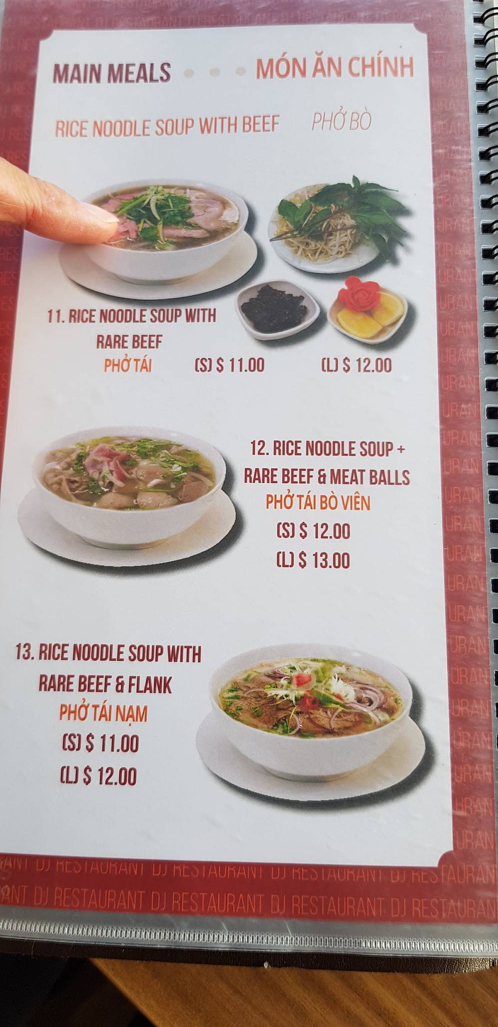 Menu at DJ Vietnamese Pho restaurant, Ingleburn