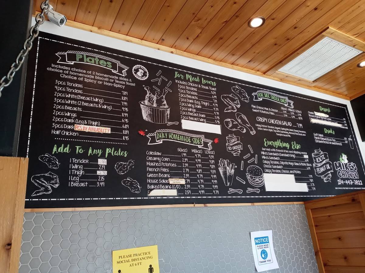 Menu at Mike's Chicken restaurant, Dallas, Maple Ave