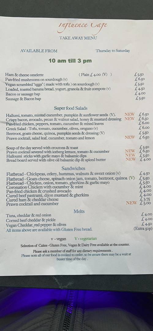 Menu at Influence Cafe, Darlington