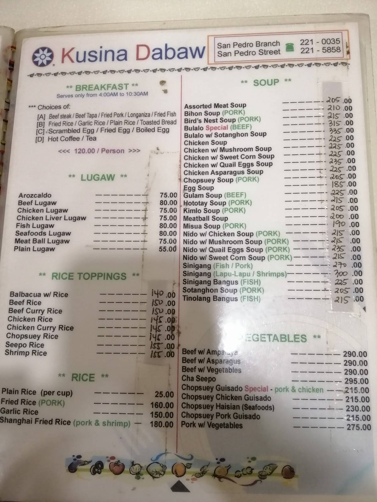 Menu at Kusina Dabaw restaurant, Davao City, San Pedro