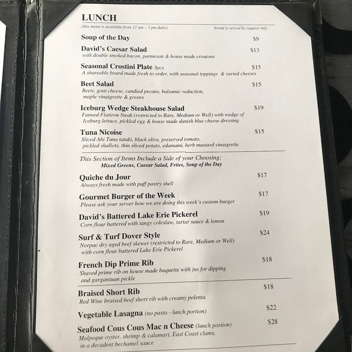Menu at David's Restaurant, Port Dover