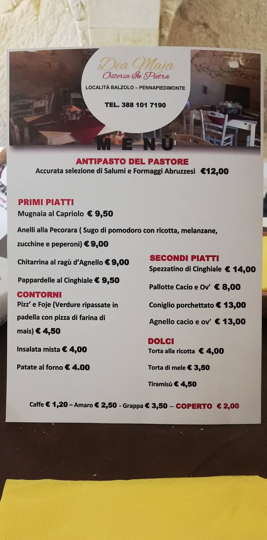 Menu da Dea Maja Cafè ristorante, Pennapiedimonte