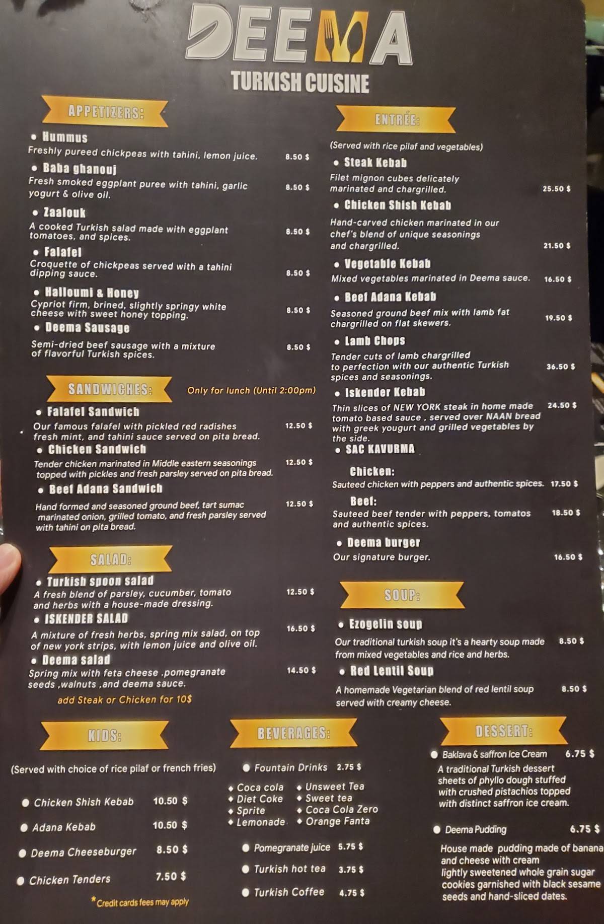Menu at Deema Turkish Cuisine restaurant, Fort Wayne