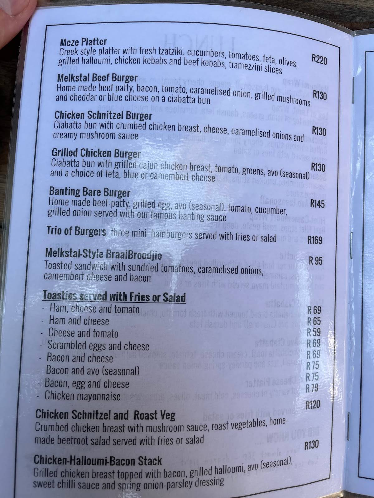 Menu at Die Melkstal cafe, Rustenburg, 188 Kock St