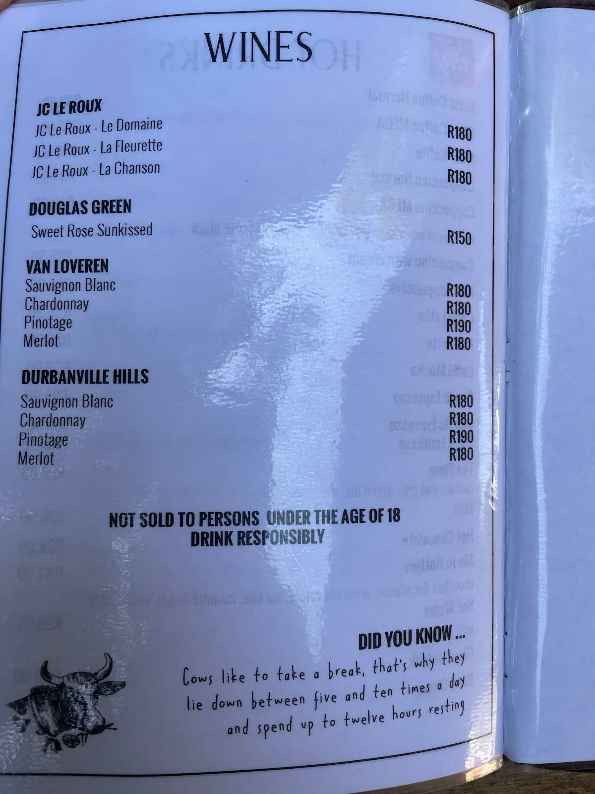Menu at Die Melkstal cafe, Rustenburg, 188 Kock St