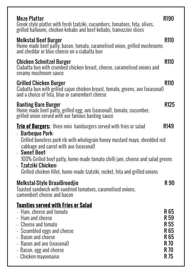 Menu at Die Melkstal cafe, Rustenburg, 188 Kock St