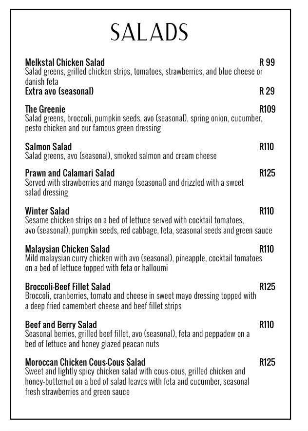 Menu at Die Melkstal cafe, Rustenburg, 188 Kock St