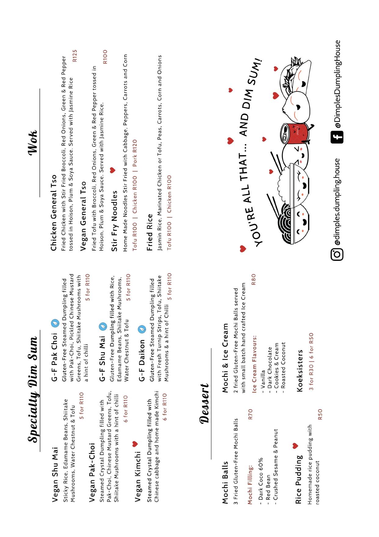 Menu at Dimples Dumpling House restaurant, Cape Town, 33 Palmer Rd