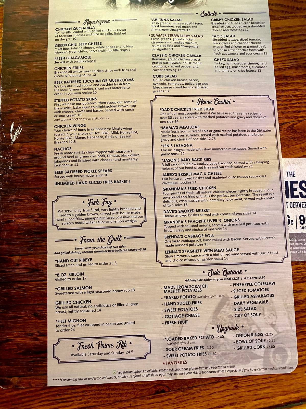 Menu at Dirtwater Springs restaurant, Apache Junction