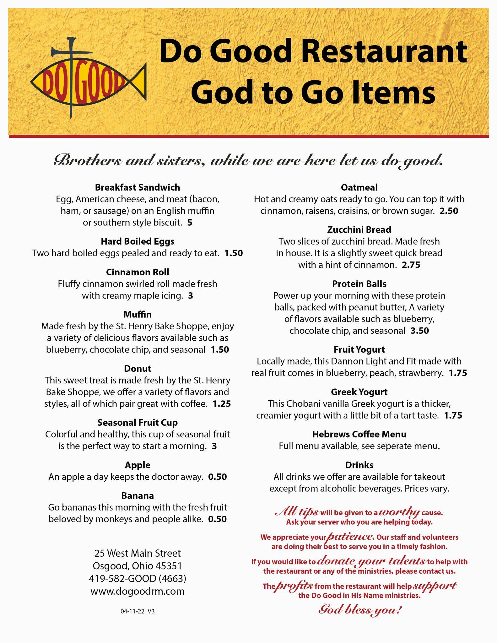Menu at Do Good Restaurant and Ministry, Osgood, 25 Main St
