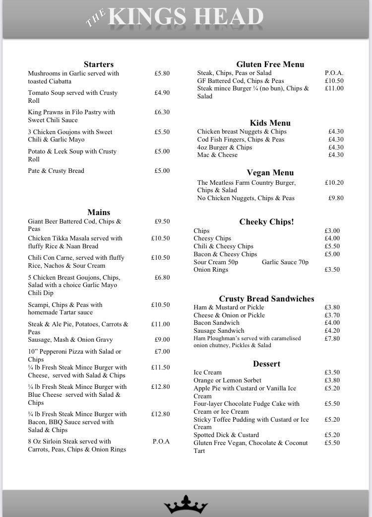 Menu at Kings Head pub & bar, Docklow