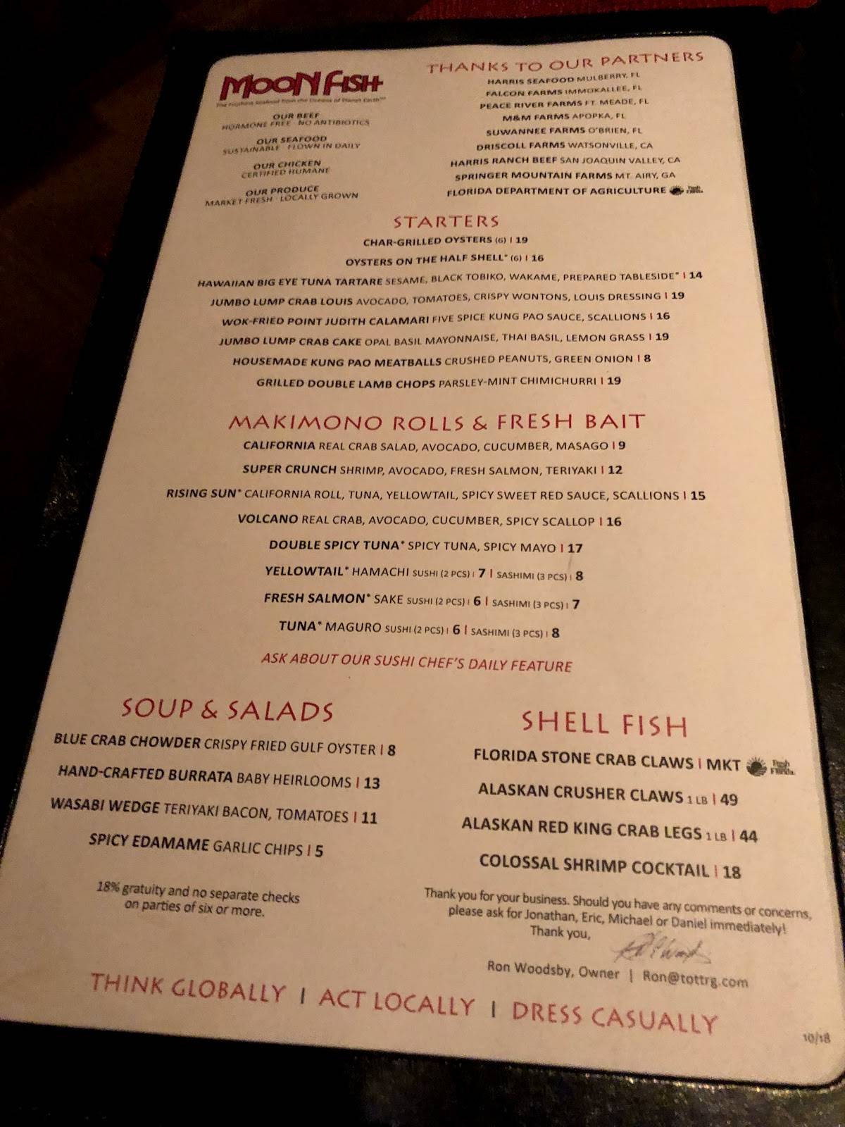 Menu at MoonFish restaurant, Orlando