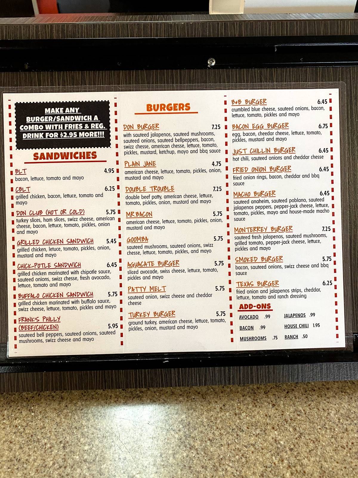 Menu at Don Burger restaurant, Garland