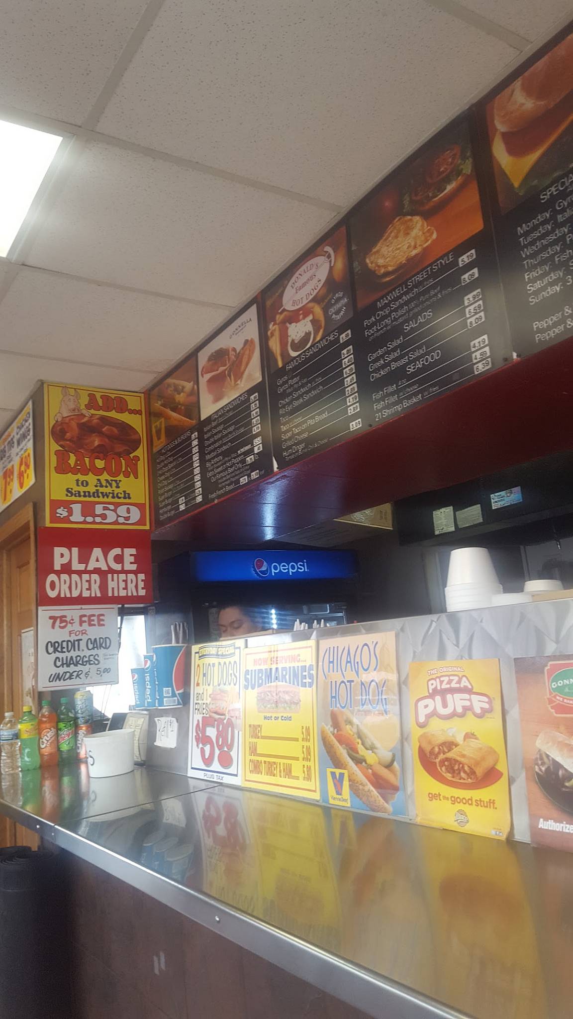 Menu at Donald's Famous Hot Dogs restaurant, Chicago, S Central Ave