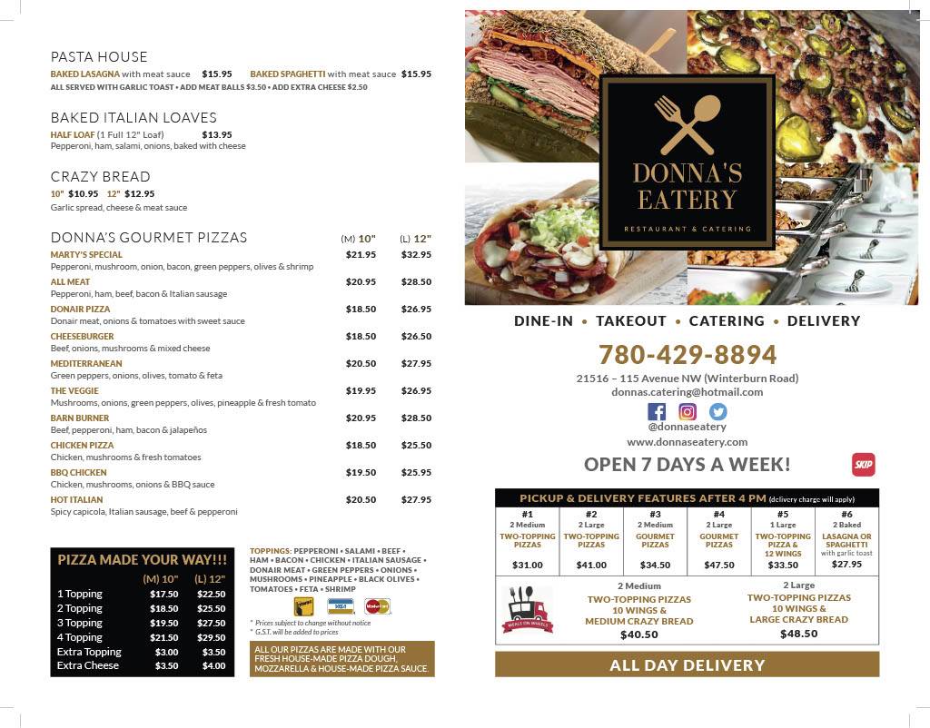 Menu at Donna's Eatery restaurant, Edmonton, 115 Ave NW