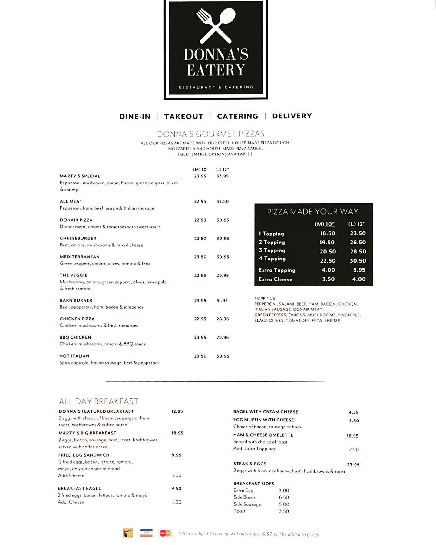Menu at Donna's Eatery restaurant, Edmonton, 115 Ave NW