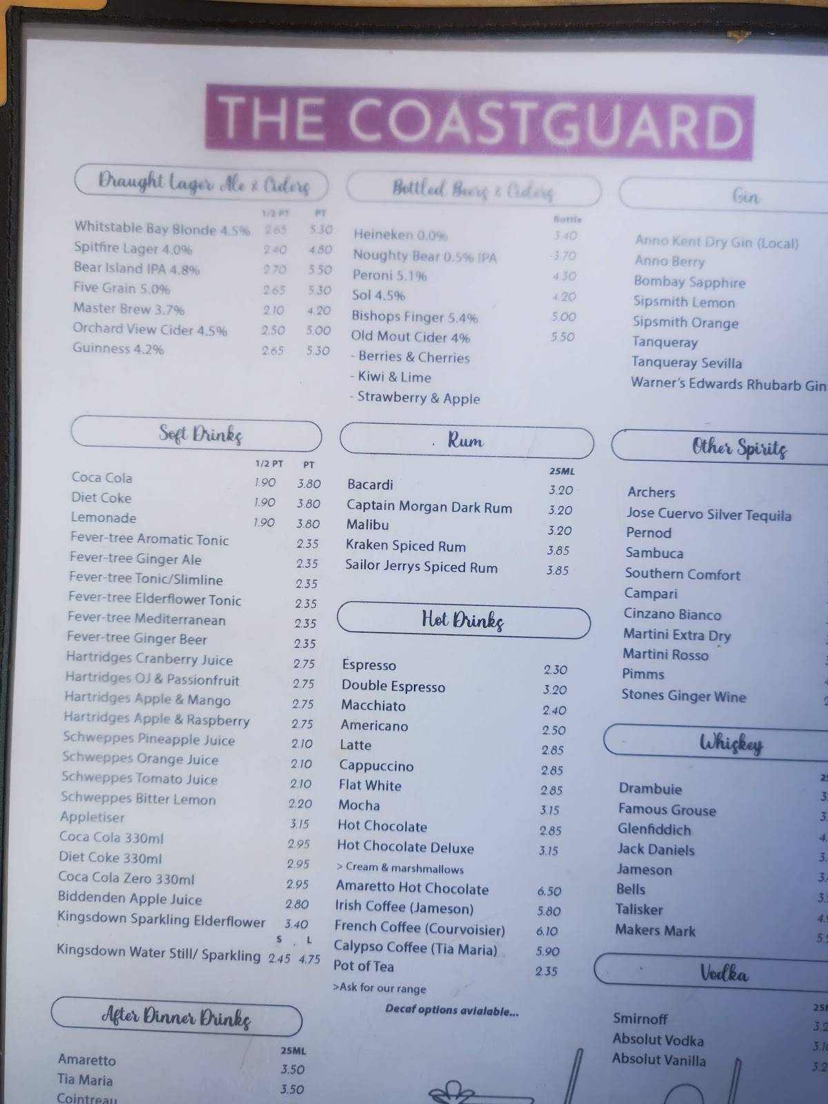 Menu at The Coastguard Pub, Saint Margarets Bay