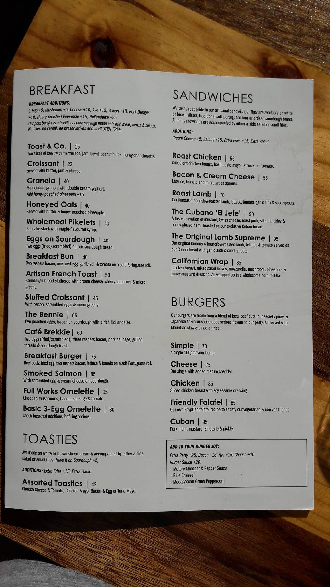 Menu at Savior Cafe, Durban