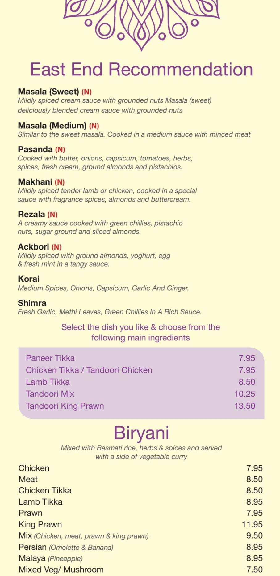 Menu at East End Balti restaurant, Shifnal