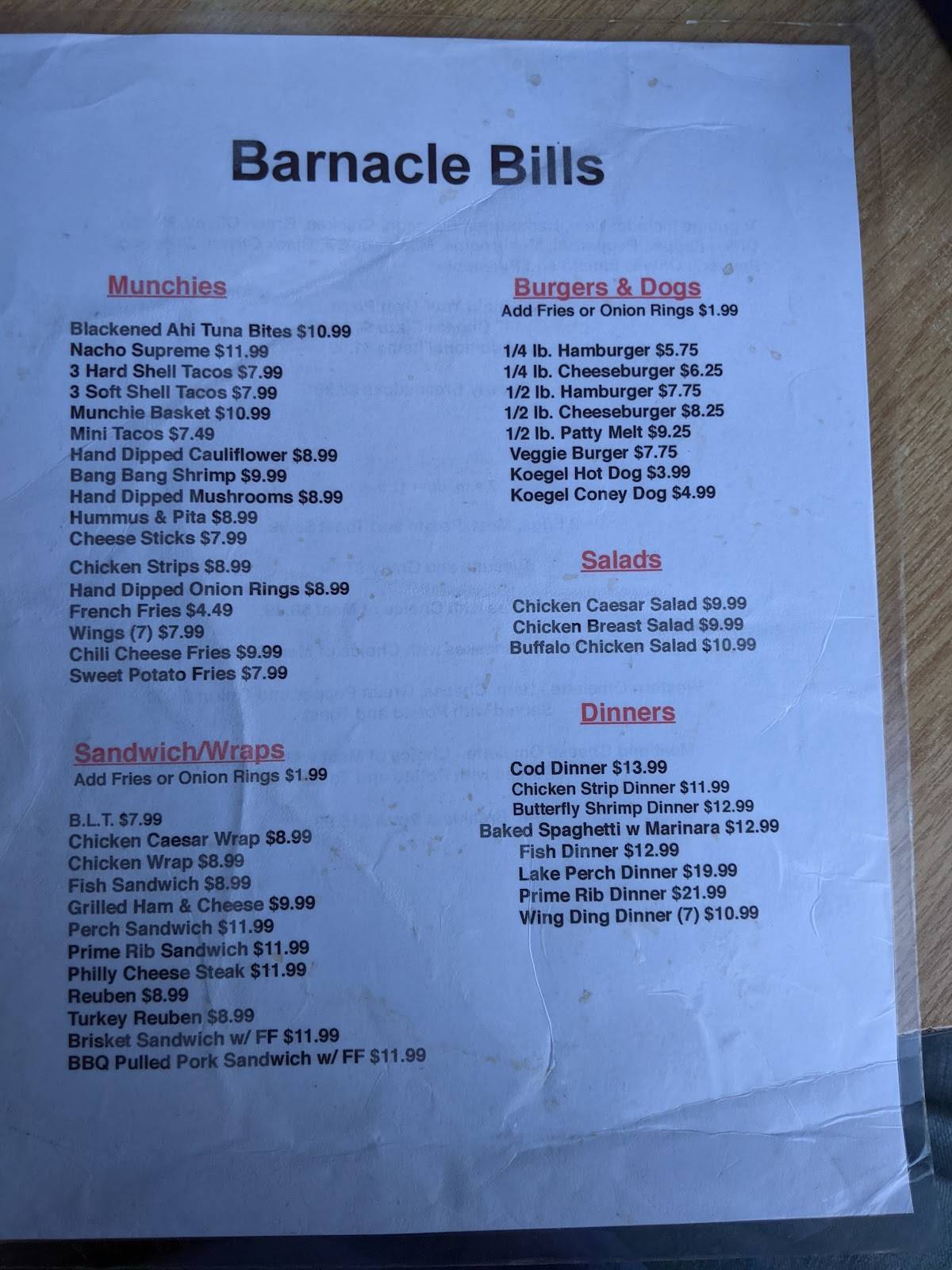 Menu at Barnacle Bill's, East Tawas