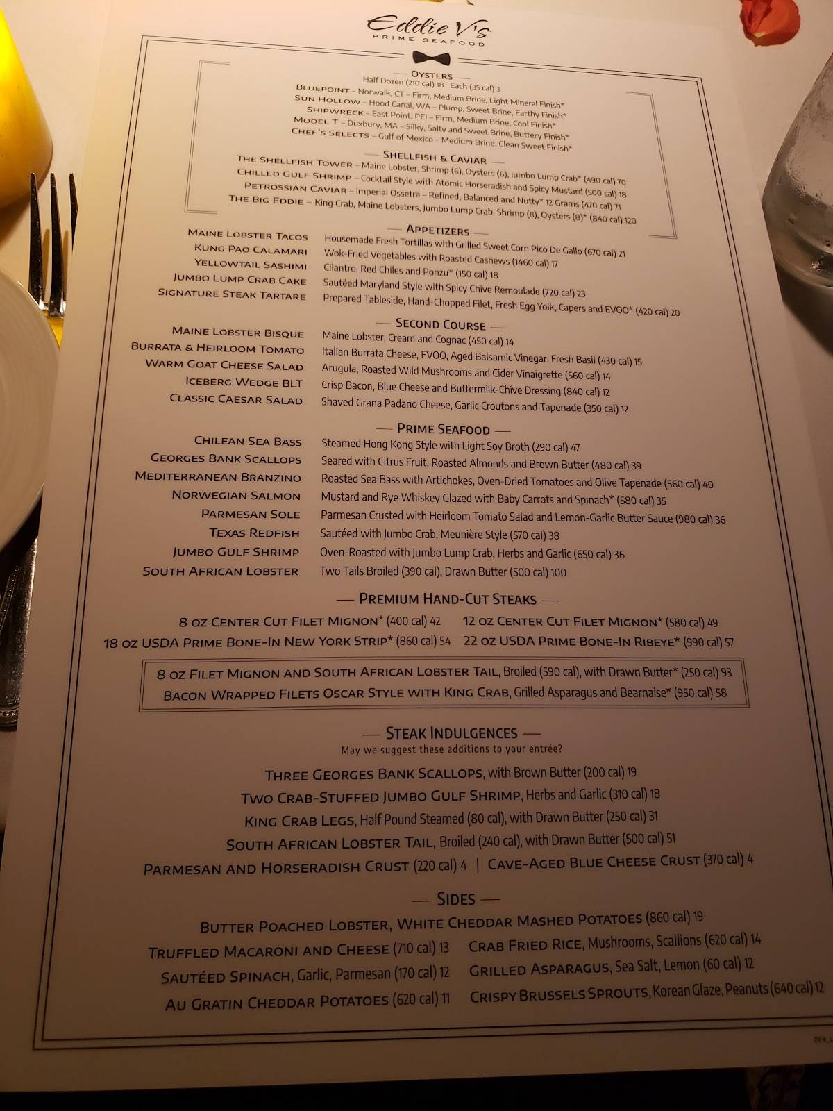 Menu at Eddie V's Prime Seafood steakhouse, San Antonio, N Loop 1604 W