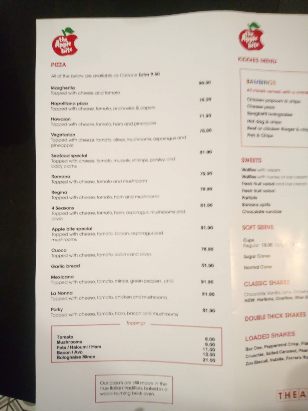 Menu at The Apple Bite restaurant, Edenvale
