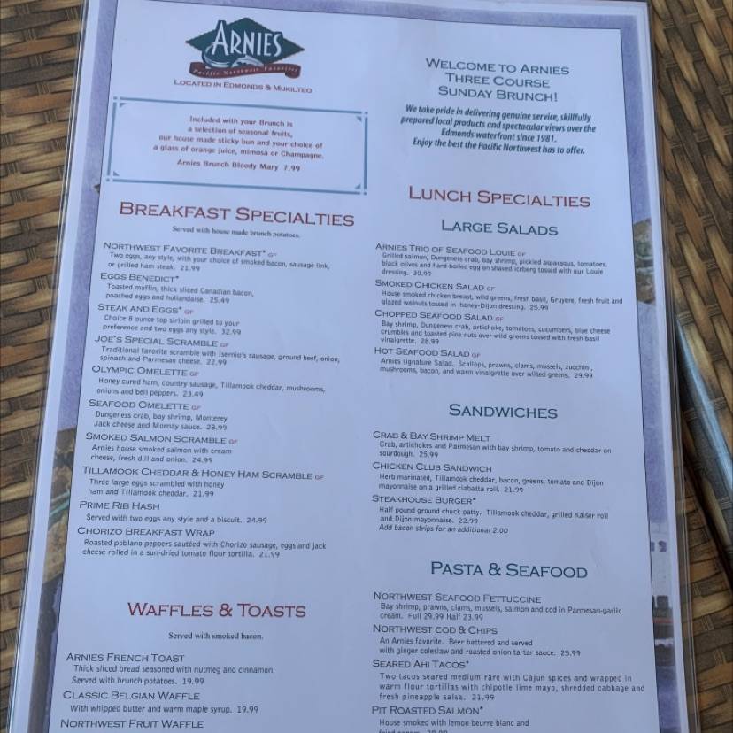 Menu at Arnies Restaurant Edmonds, Edmonds