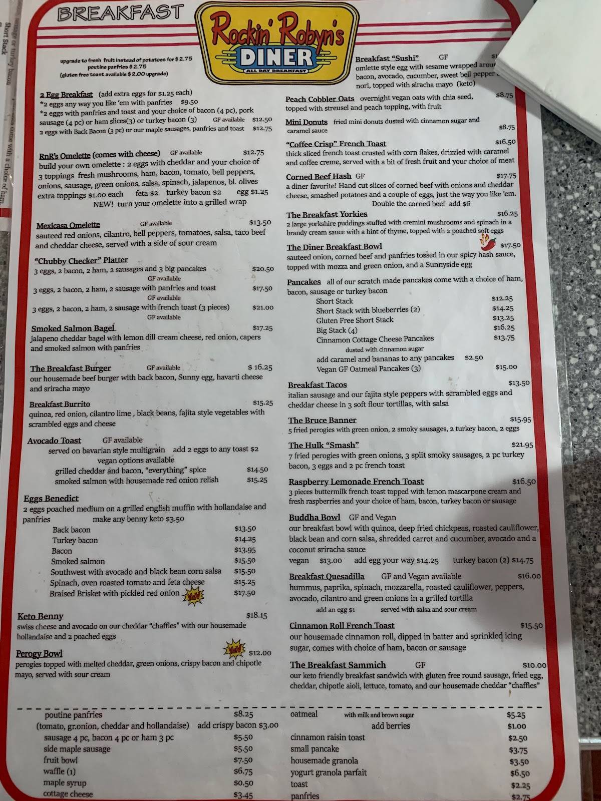 Menu at Rockin' Robyn's restaurant, Edmonton
