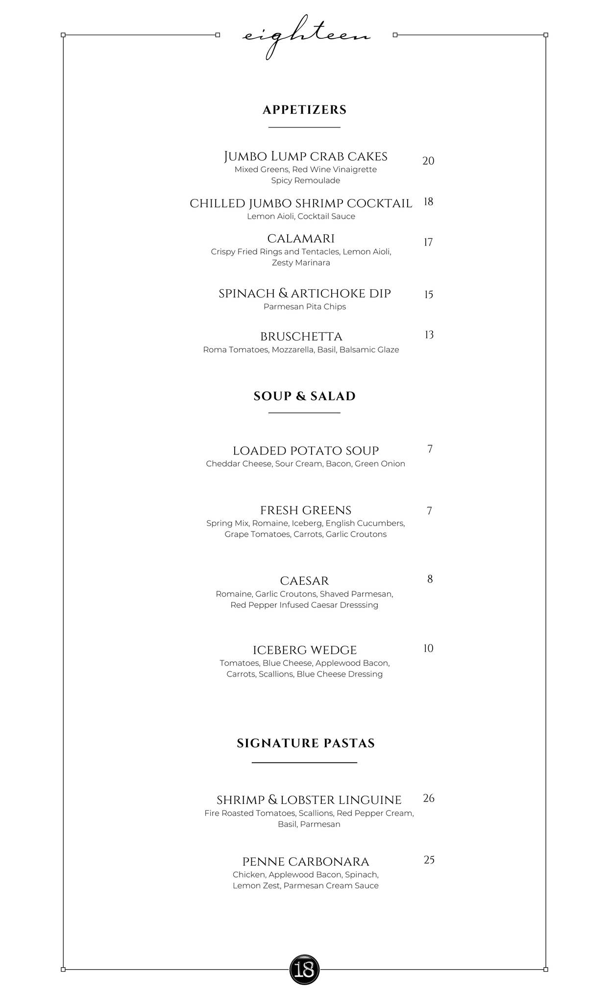 Menu at Eighteen at the Radisson steakhouse, Covington