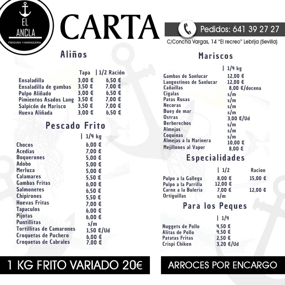Menu at El Ancla Freiduría y Marisquería restaurant, Lebrija
