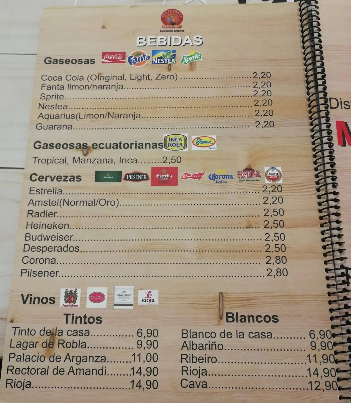 Carta del restaurante El Manaba, Barcelona, C/ del Provença