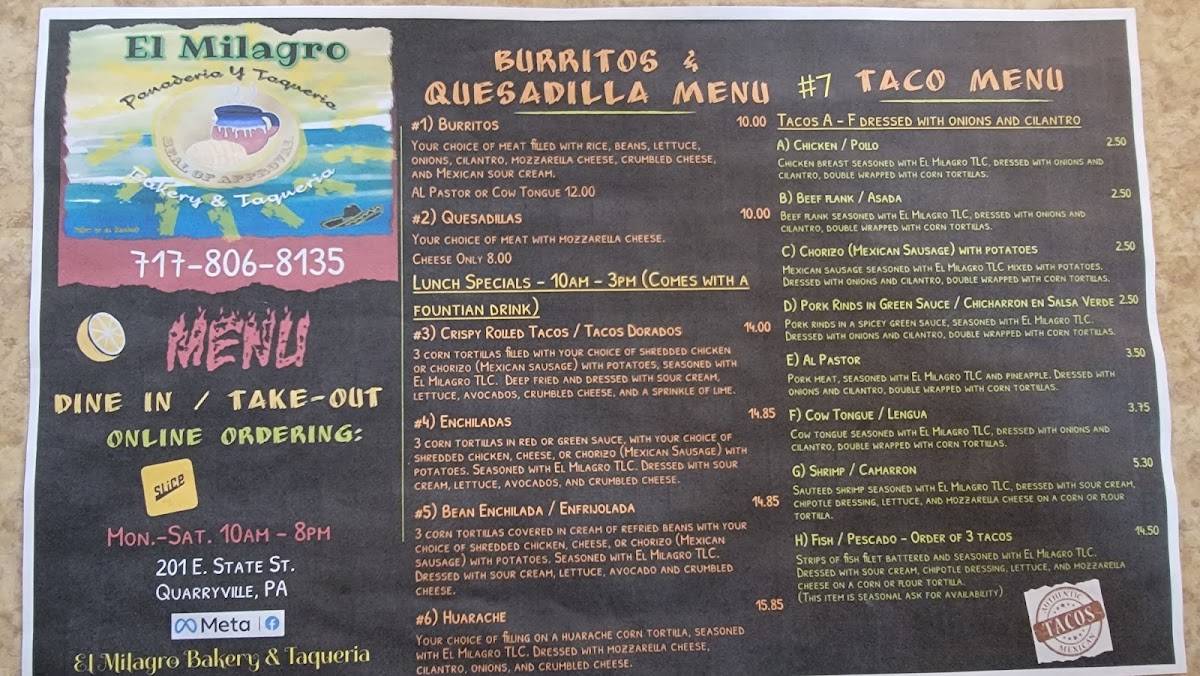 Menu at El Milagro Bakery and Taqueria, Quarryville