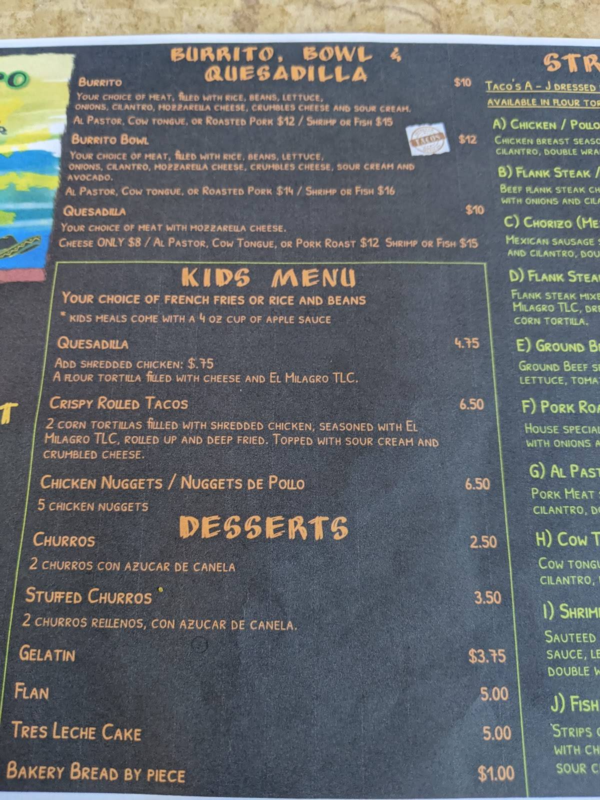 Menu at El Milagro Bakery and Taqueria, Quarryville
