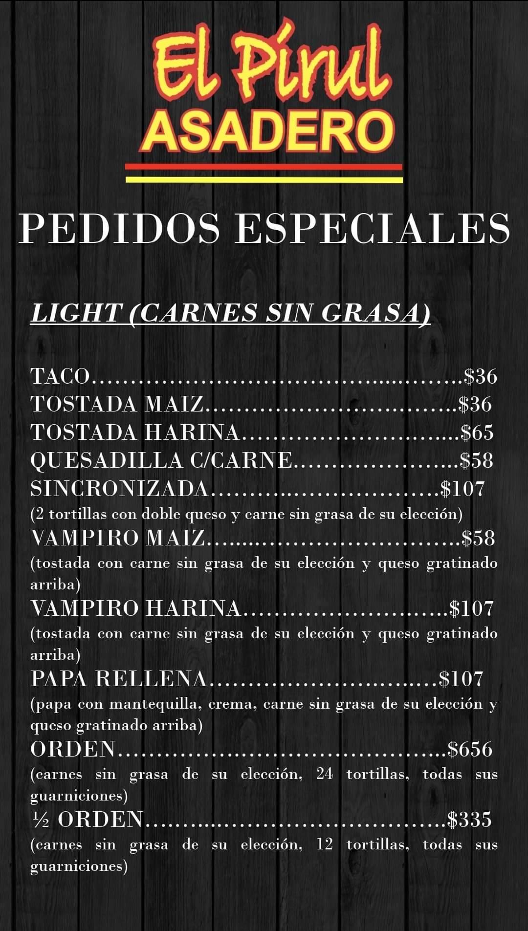 Carta del restaurante El Pirul Asadero, Mexicali