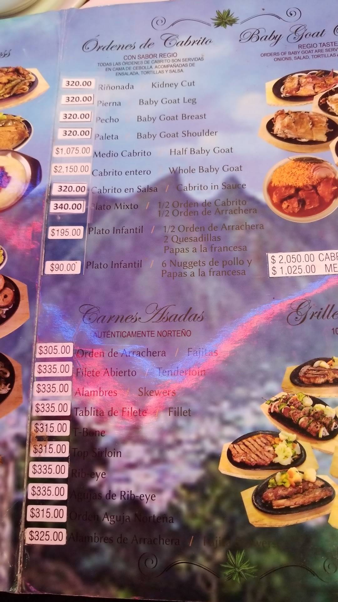 Menu at El Rey del Cabrito steakhouse, Monterrey, Constitución 2050
