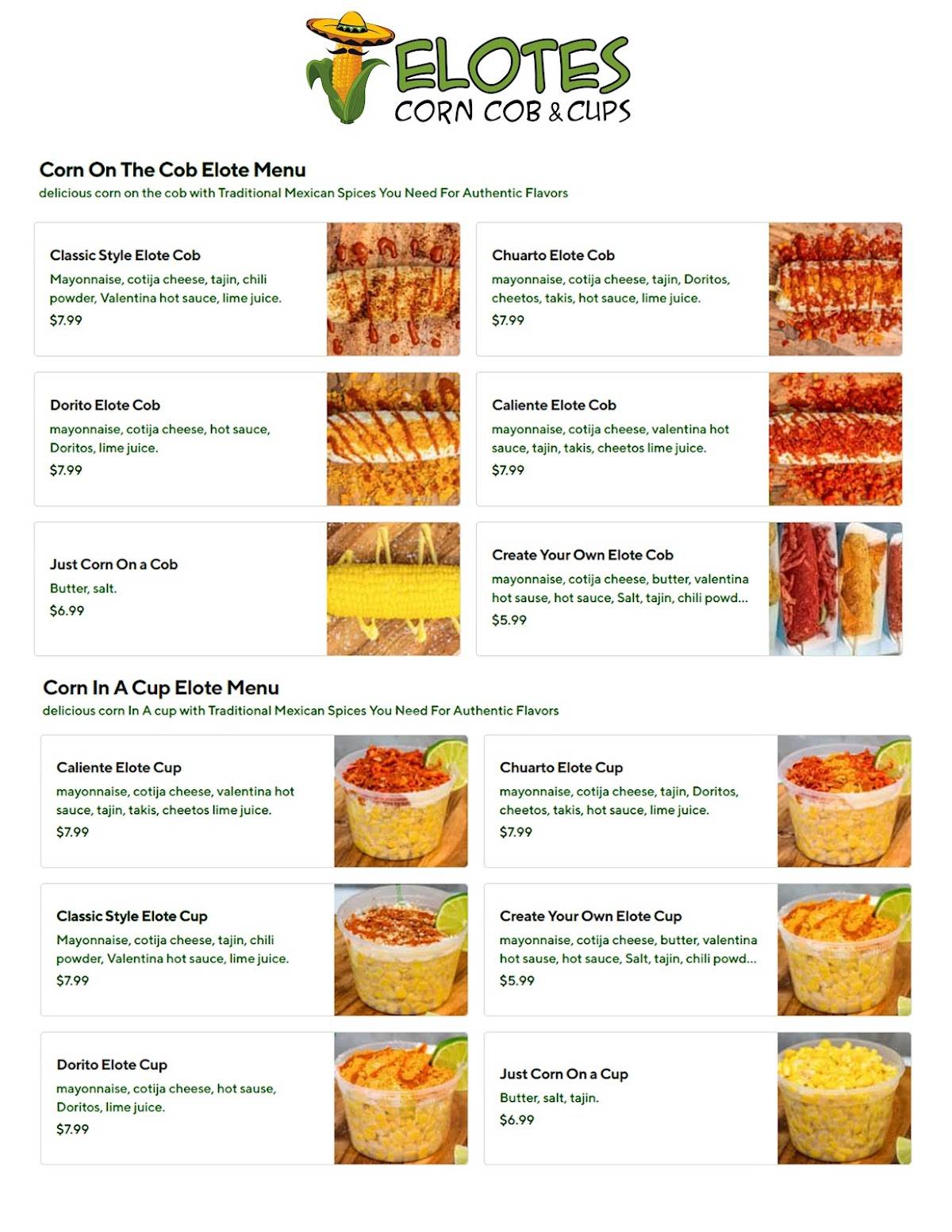 Menu at Elotes - Corn Cob & Cups At Coral Square Mall restaurant, Coral ...