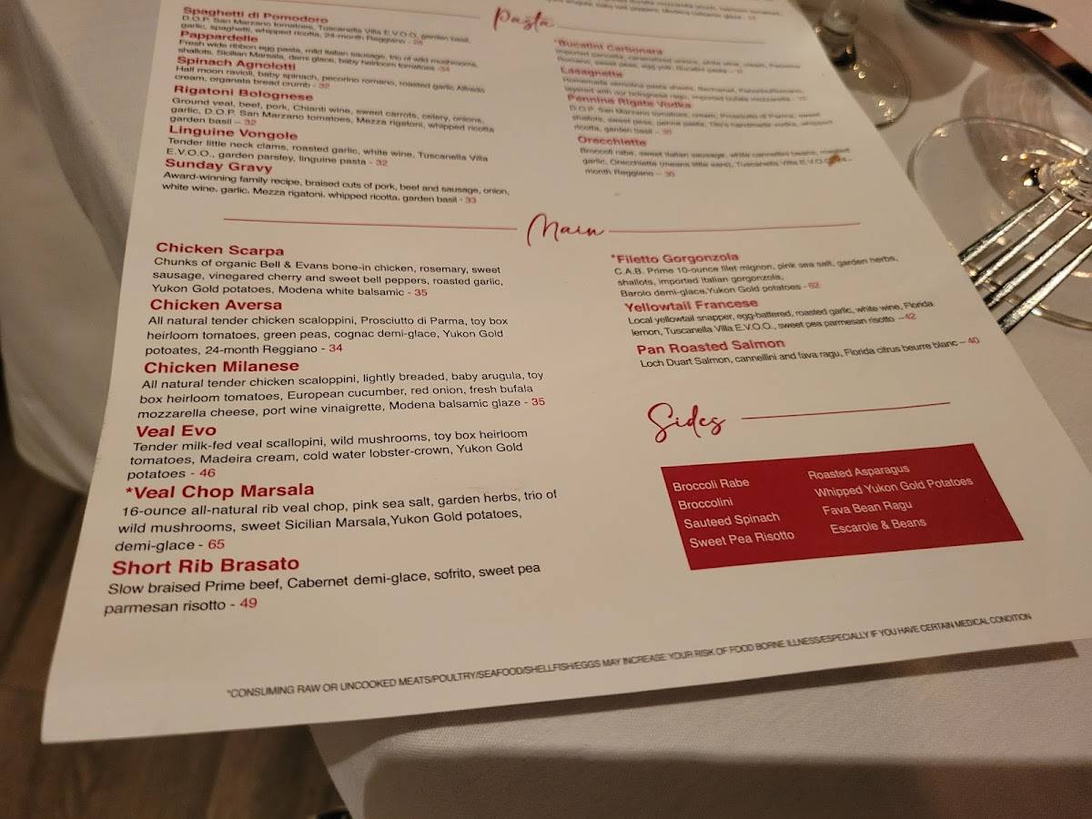 Menu at Evo Italian restaurant, Tequesta
