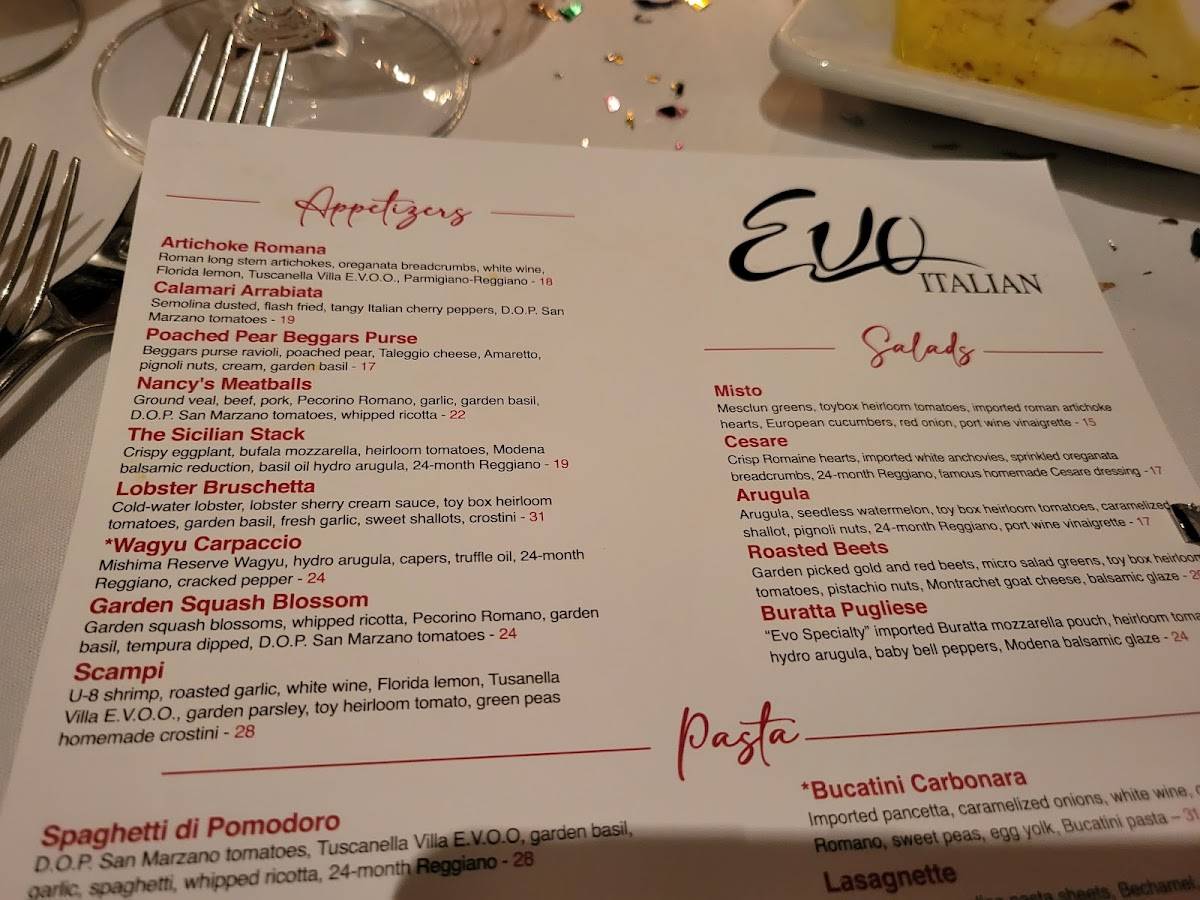 Menu at Evo Italian restaurant, Tequesta
