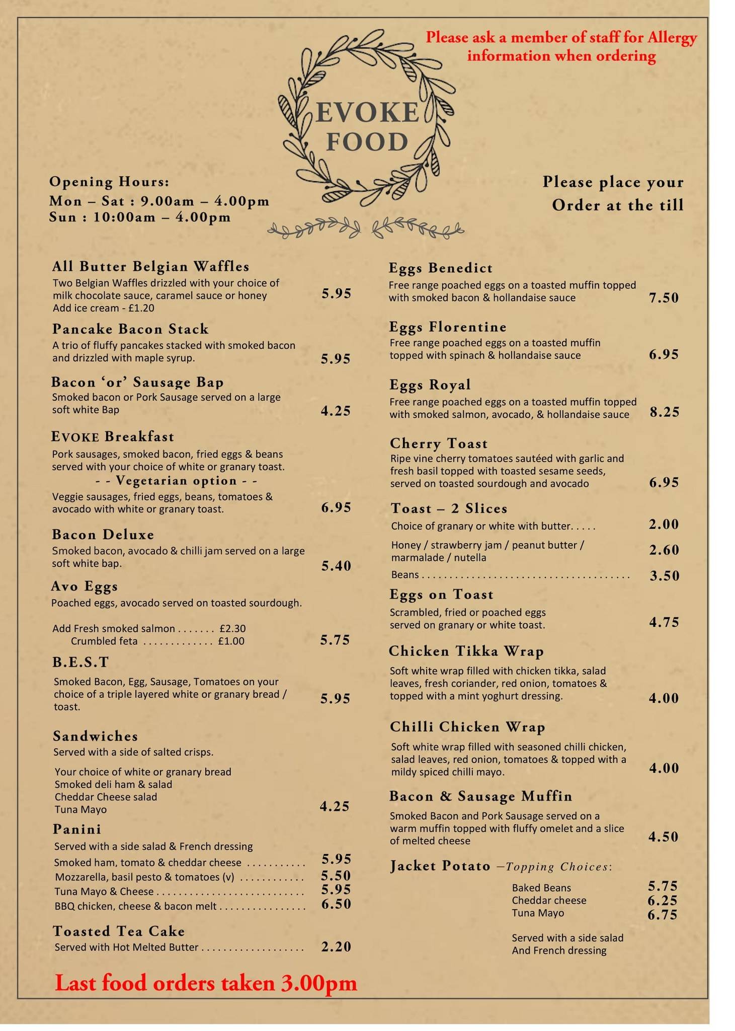 Menu at Evoke Coffee at Penn cafe, Wolverhampton