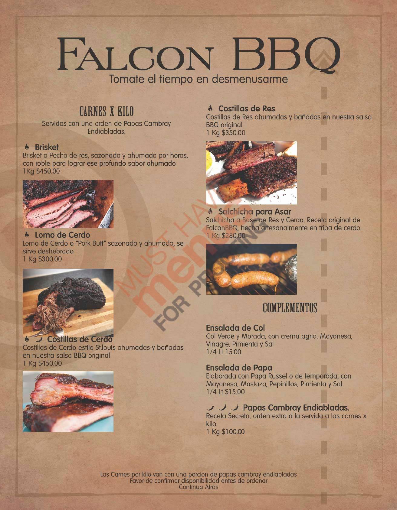 Menu at FalconBBQ, Piedras Negras