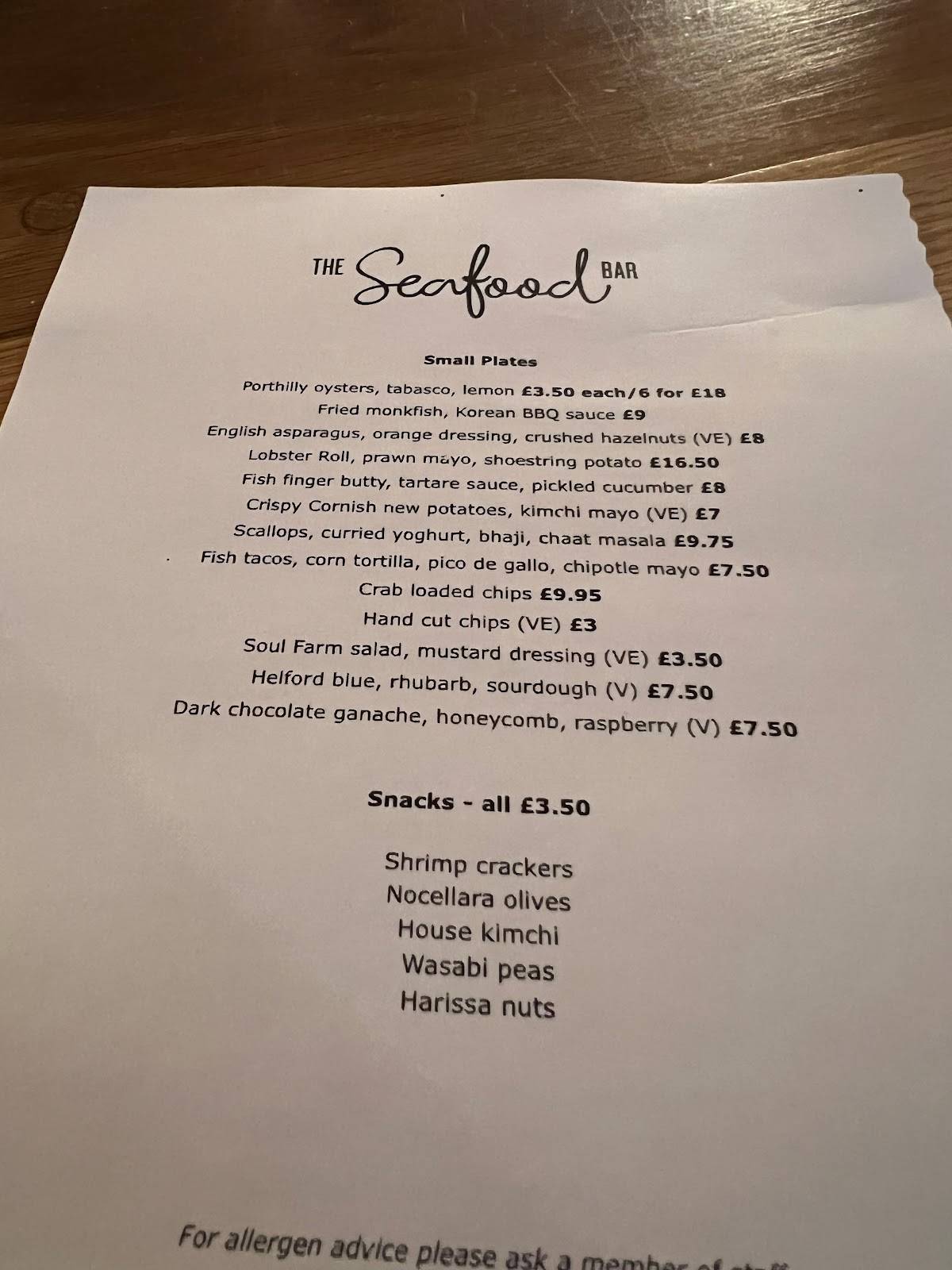 Menu at The Verdant Seafood Bar, Falmouth