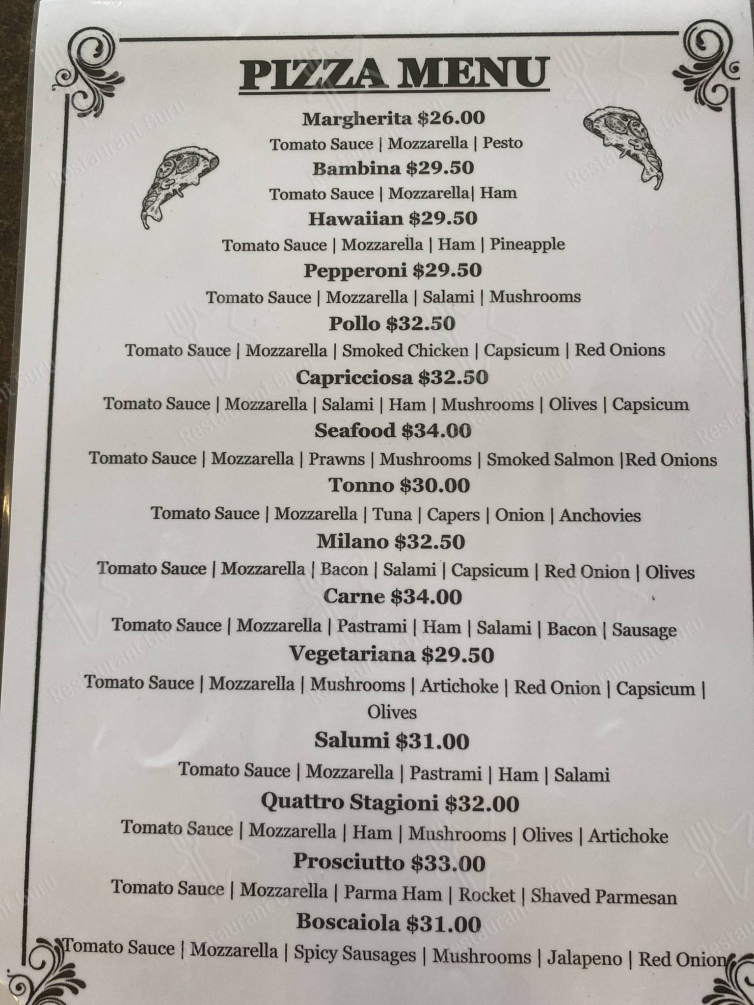 Menu at Faridas restaurant, Orewa