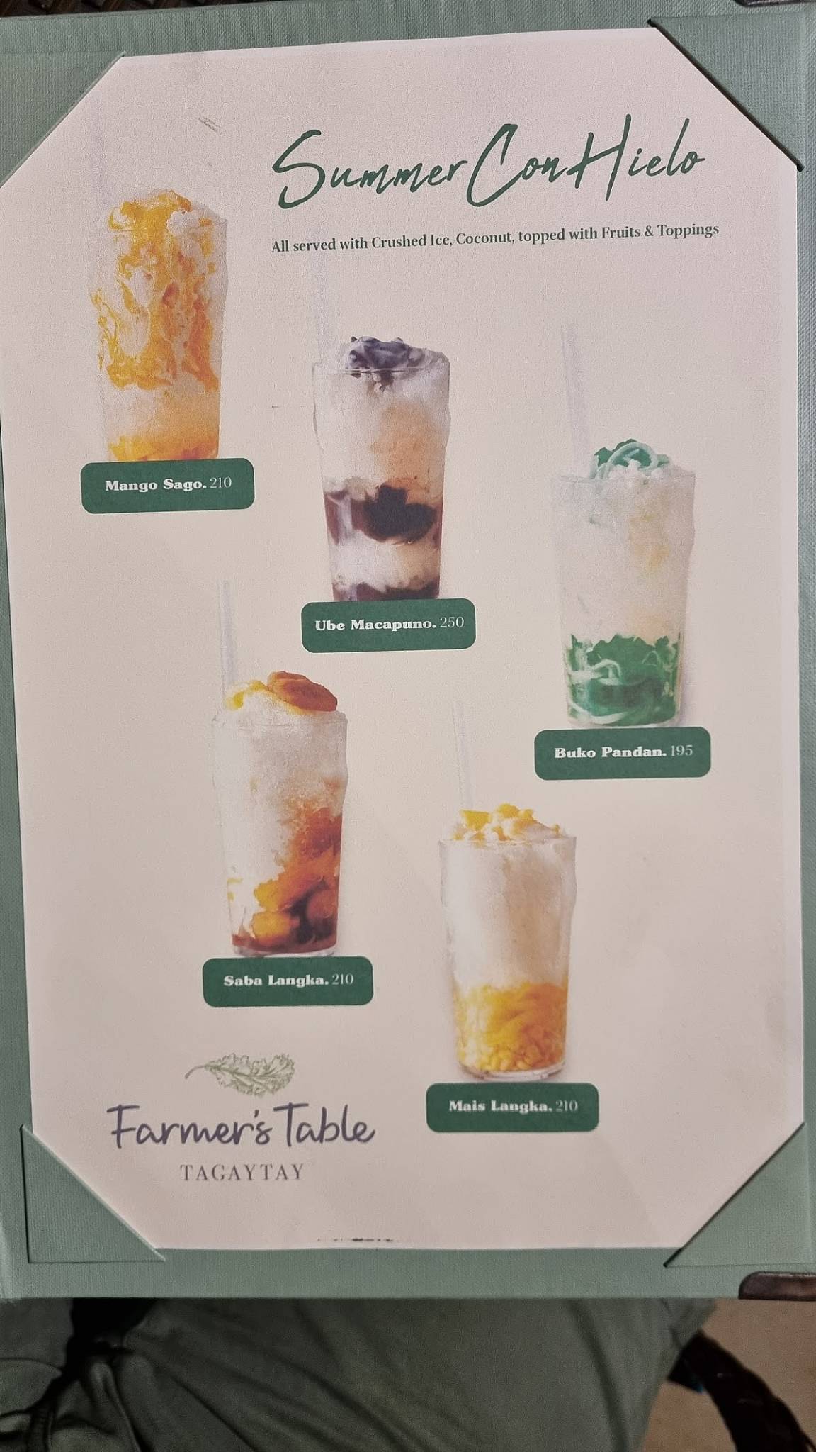 Menu at Farmer’s Table Tagaytay restaurant, Tagaytay