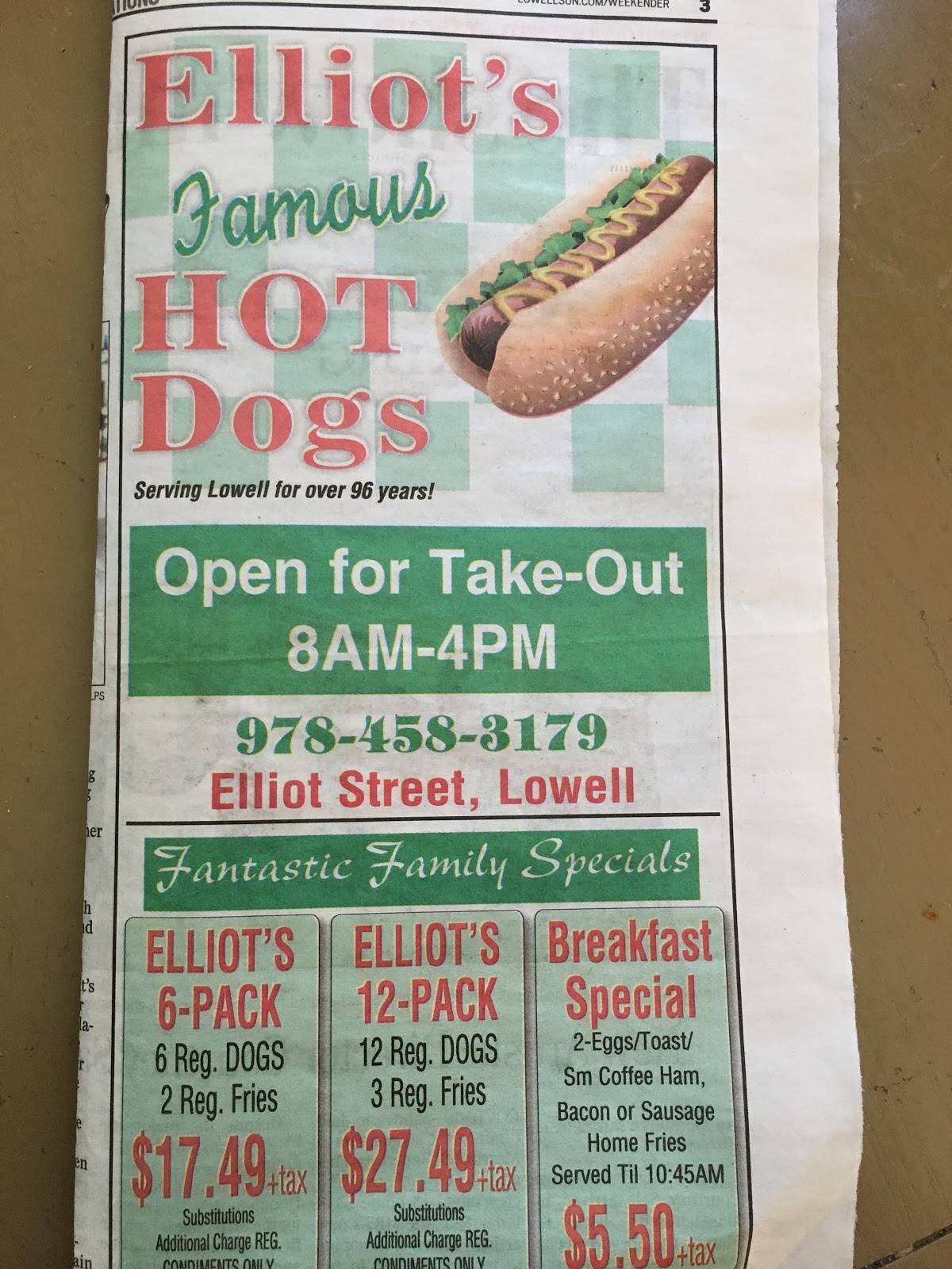 Menu at Elliot's Hot Dogs fast food, Lowell