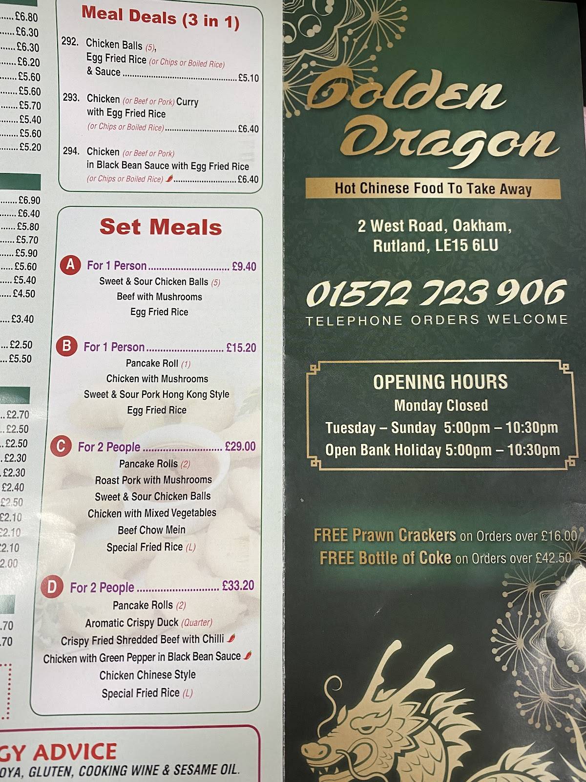 Menu at Golden Dragon Take-Away fast food, Oakham