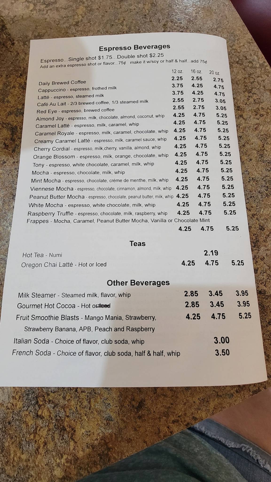 Menu at Fay's Evelyn Bay Coffee cafe, Charlotte