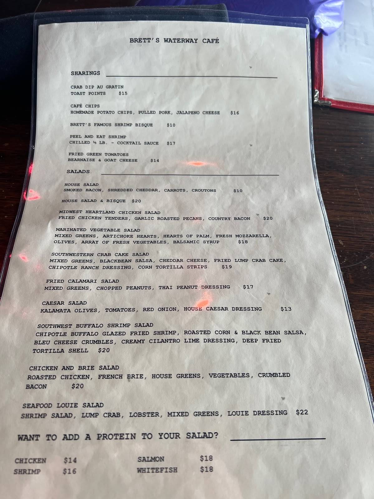 Menu at Brett's Waterway Cafe, Fernandina Beach
